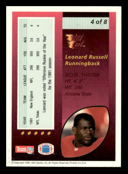 1992 Wild Card #4 Leonard Russell Pro Picks New England Patriots | eBay