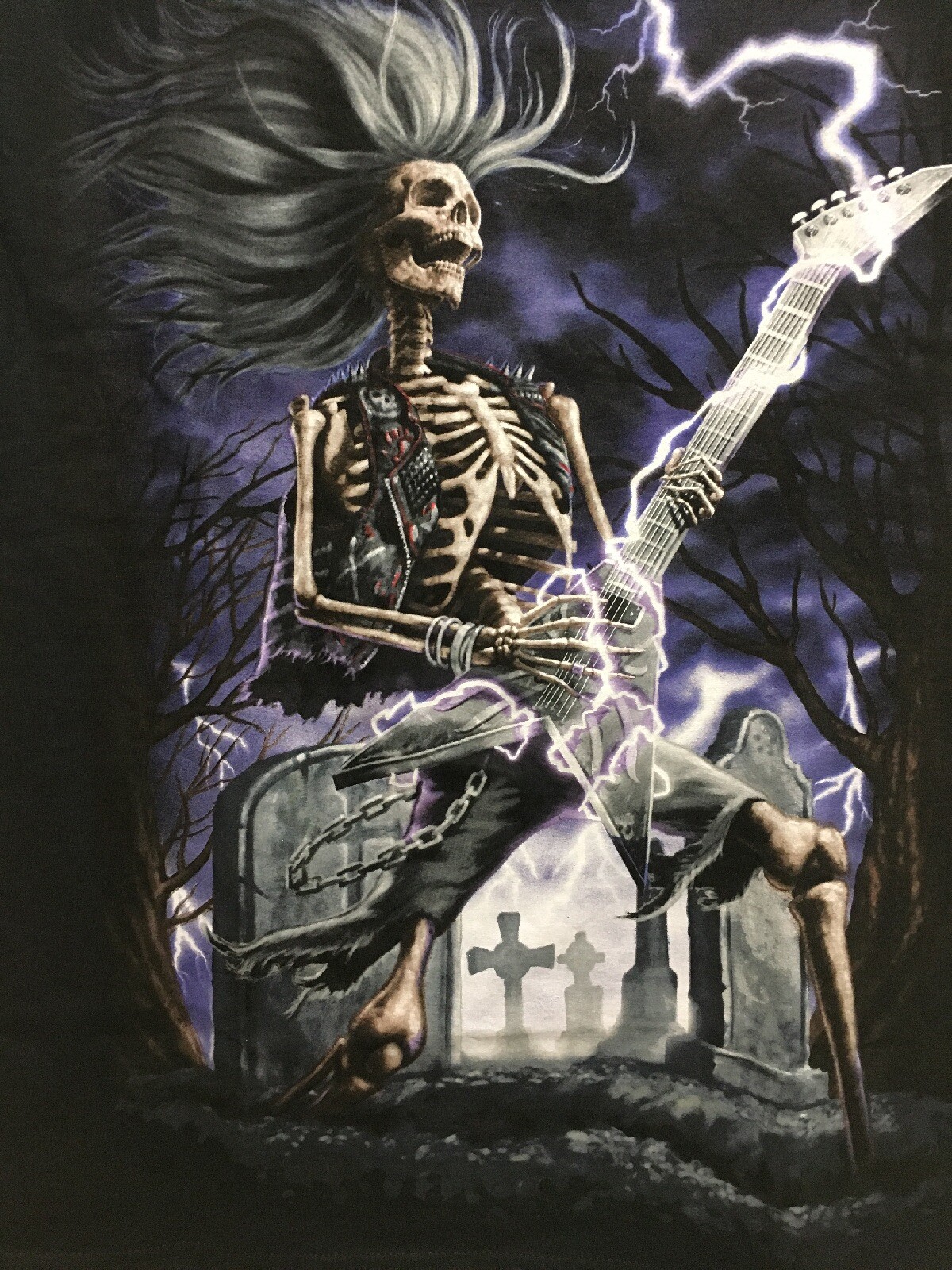 NWT Skeleton Skull Playing A Guitar Motorcycle Lightening Black Meduum ...