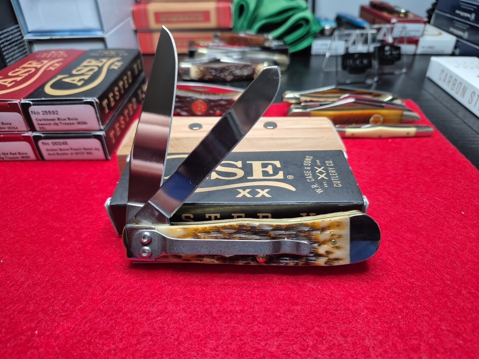 CASE XX 6540 TRAPPER POCKET KNIFE WITH CLIP JIGGED AMBER BONE STAINLESS ...