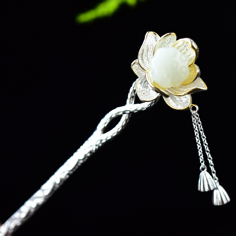 S925 Silver Chinese Hetian Jade Lotus Hairpin Hanfu Hair Stick Retro ...