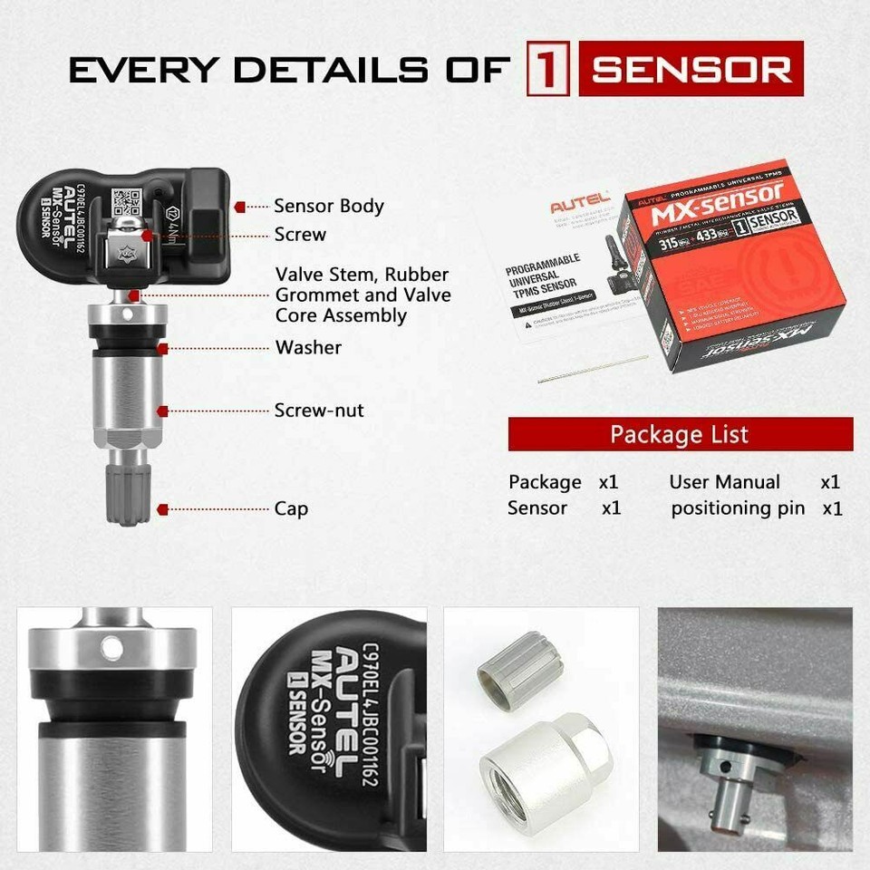 Autel TPMS MX-Sensor 315MHz & 433MHz 2 in 1 Auto Tire Pressure Sensor ...