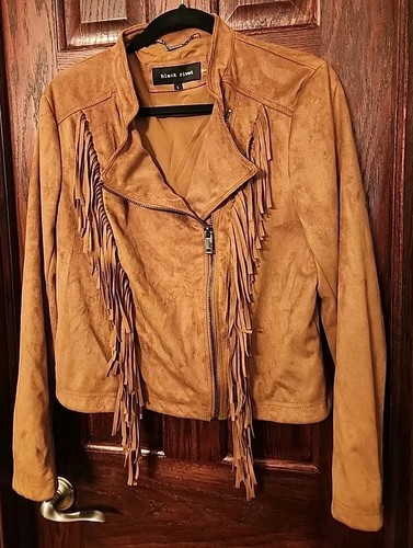 Large Black Rivet Fringe Faux Suede Tassel Moto Western Jacket Brown ...