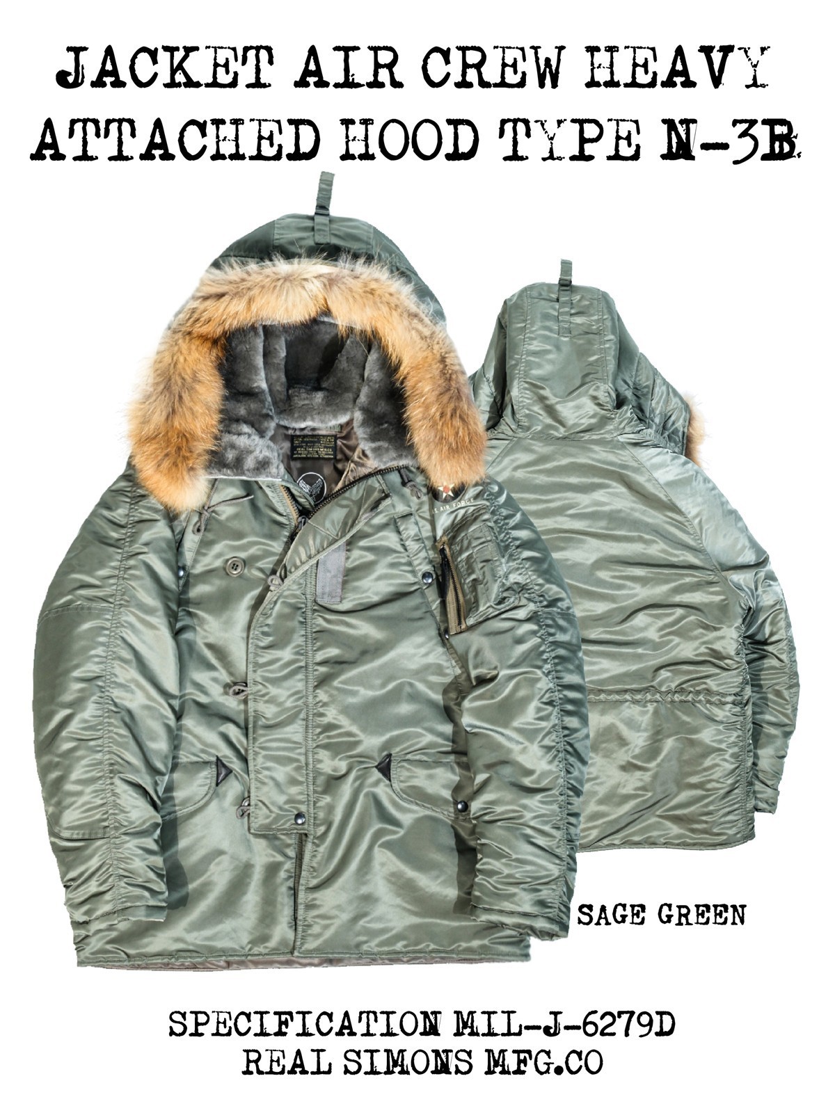 Simons US Air force N-3B Jacket Mens Winter fur Collar Hooded Nylon ...