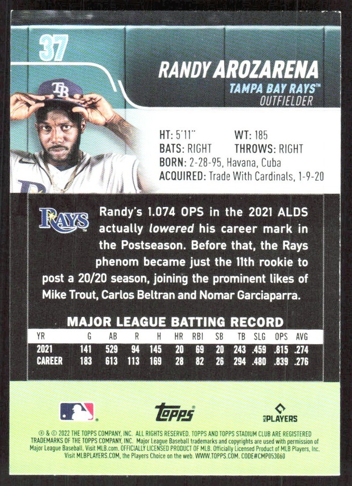 2022 6148B Topps Stadium Club RED Randy Arozarena Tampa Bays Ray #37 | eBay