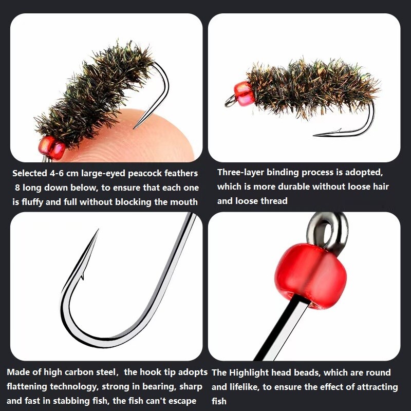 10pcs Insect Flies Hook Peacock Feather Glass Bead Head Trout Fly ...