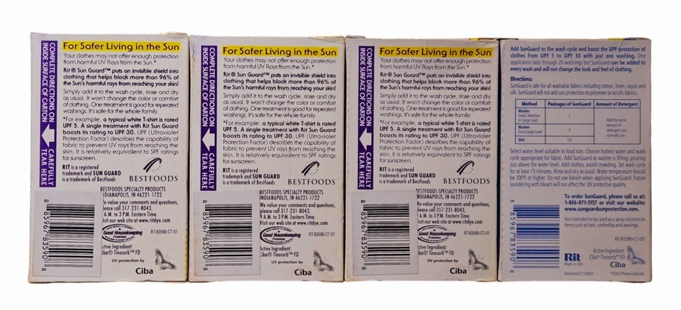 Rit Sun Guard UPF 30 Laundry Aid - UV Protection - 4 Boxes - 1 oz each ...