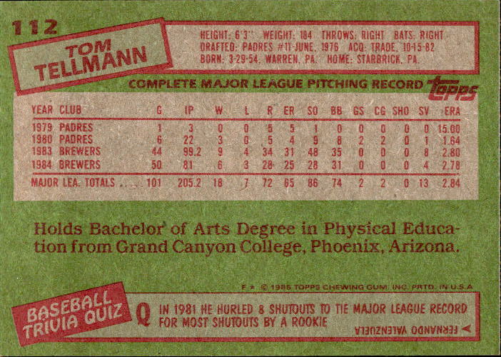 Tom Tellmann 1985 Topps #112 Milwaukee Brewers | eBay
