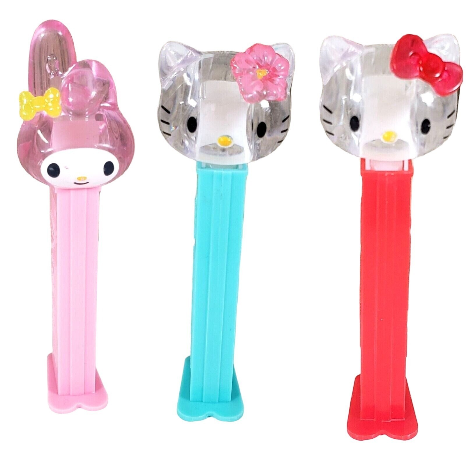 HELLO KITTY Pez Dispenser Lot Clear Heads Pink Blue Red Stem Feet San ...