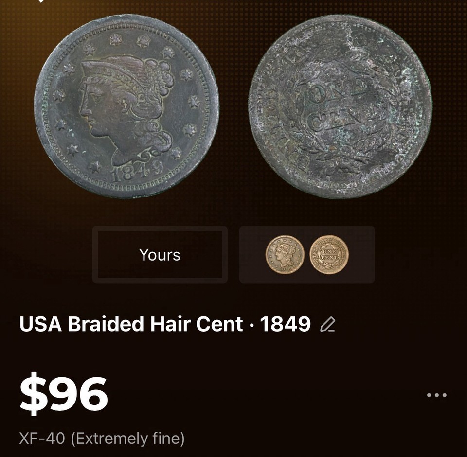 1849 Braided Hair Large Cent XF,Extra Fine Rating via CoinSnap Fast ...