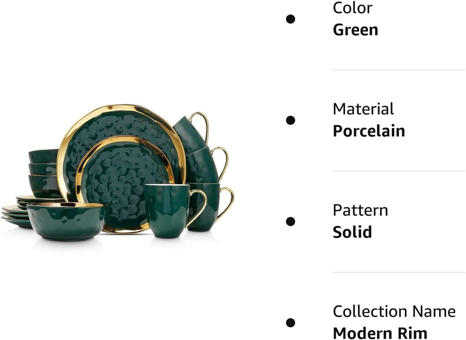 Porcelain 16 Piece Dinnerware Set, Service for 4, Green and Golden Rim ...