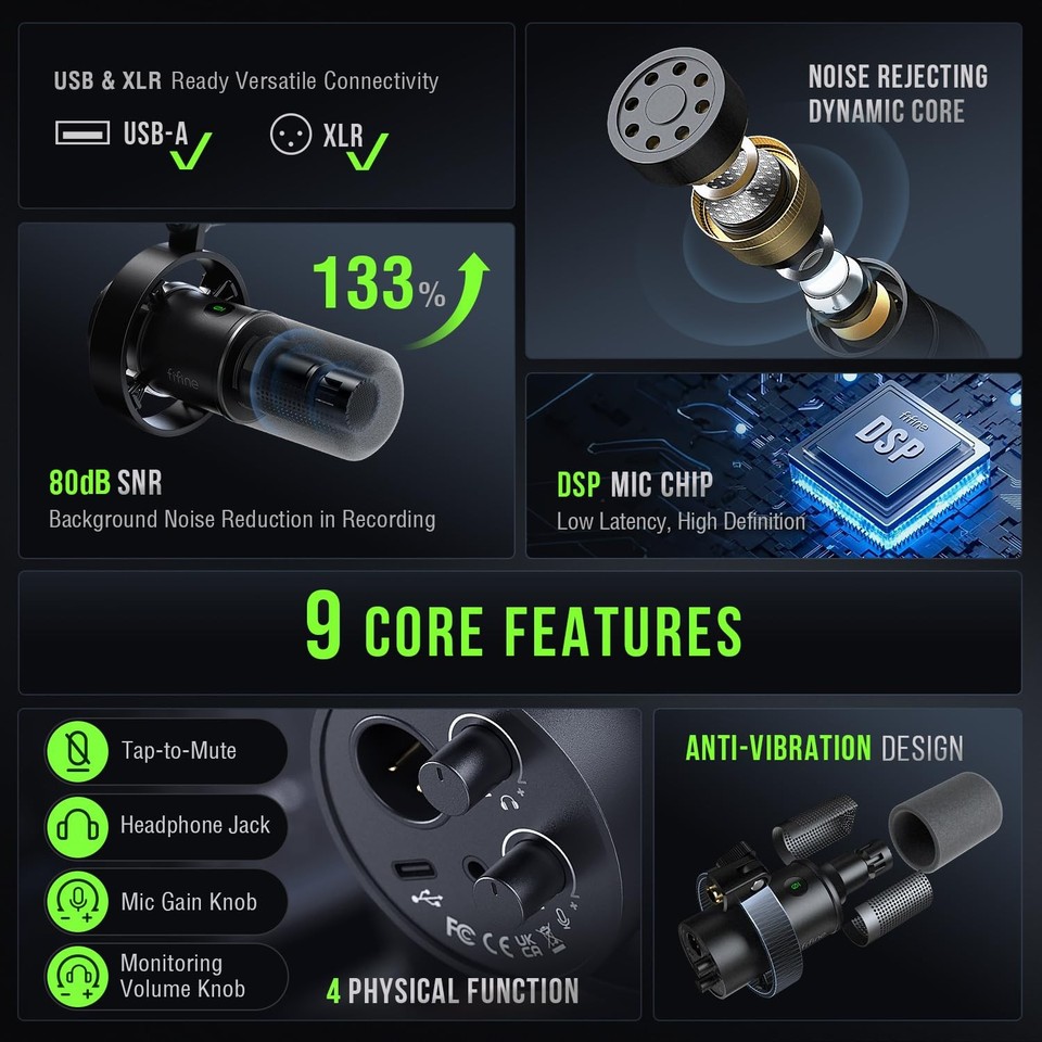 FIFINE K688 Podcast Microphone Kit USB/XLR Dynamic Microphone with Boom ...