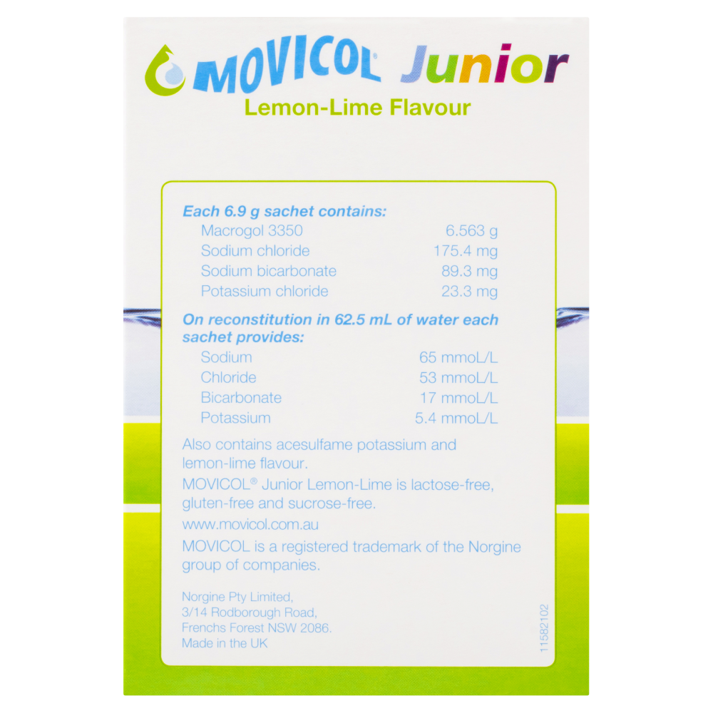 MOVICOL Junior Constipation Relief Powder 30 Sachets Lemon Lime Kids ...