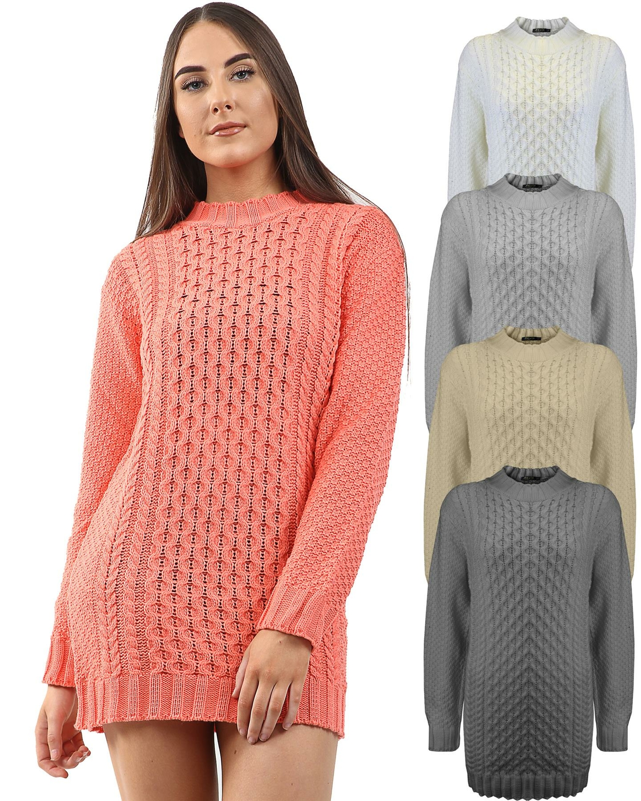 Ladies Womens Knitted Long Sleeve Cable Knit Jumper Stretch Dress Top ...