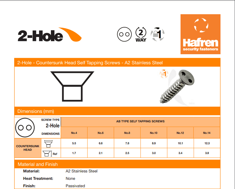 2-HOLE COUNTERSUNK SECURITY SCREWS SELF TAPPING STAINLESS PIG NOSE ...