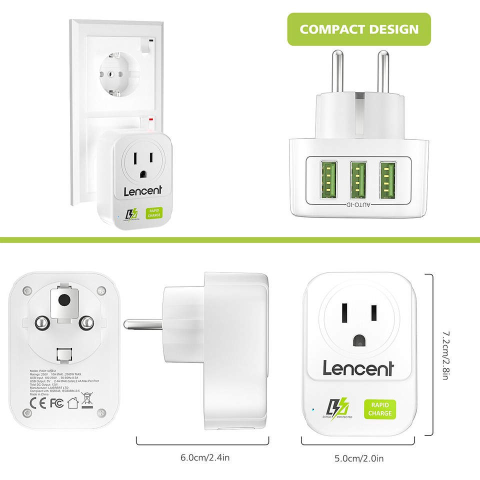 LENCENT US to EU Euro Europe Travel Plug Adapter Converter w/ Outlet ...