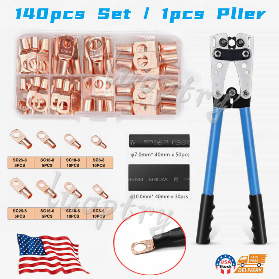 140PCS Cable Lugs Copper Ring Crimp Terminal/Plier Car Battery Wire ...