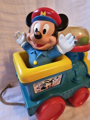 Vintage Disney - Mickey Mouse Train Engine Pull Along Toy with Popping ...