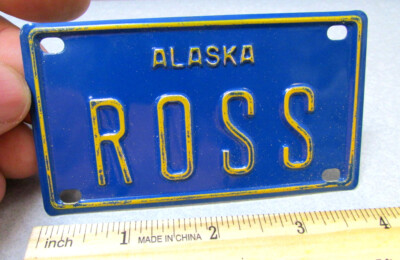 Novelty ALASKA Metal bicycle license plate, 1980s Blue & Gold embossed ...