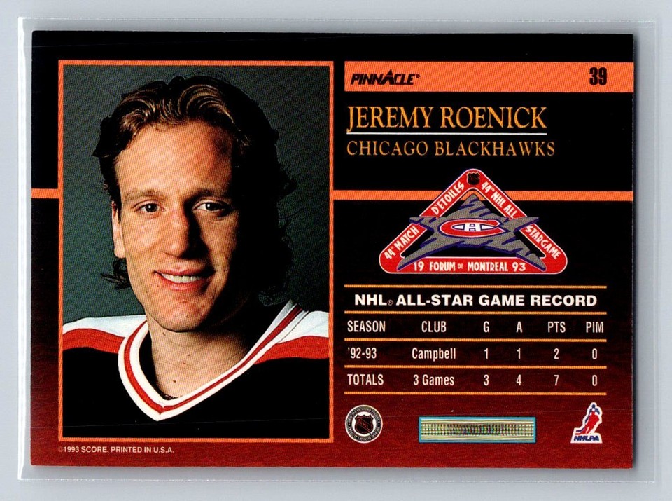 1993 Score Canadian Pinnacle All-Stars Jeremy Roenick #39 Chicago ...