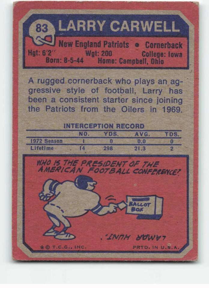 1973 Topps #83 Larry Carwell G/VG Good/Very Good Patriots ID:122926 | eBay