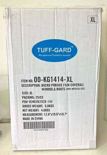 CASE OF 25 Tuff-Gard 00-KG1414-XL Microporous Film Coverall w/ Hood and ...