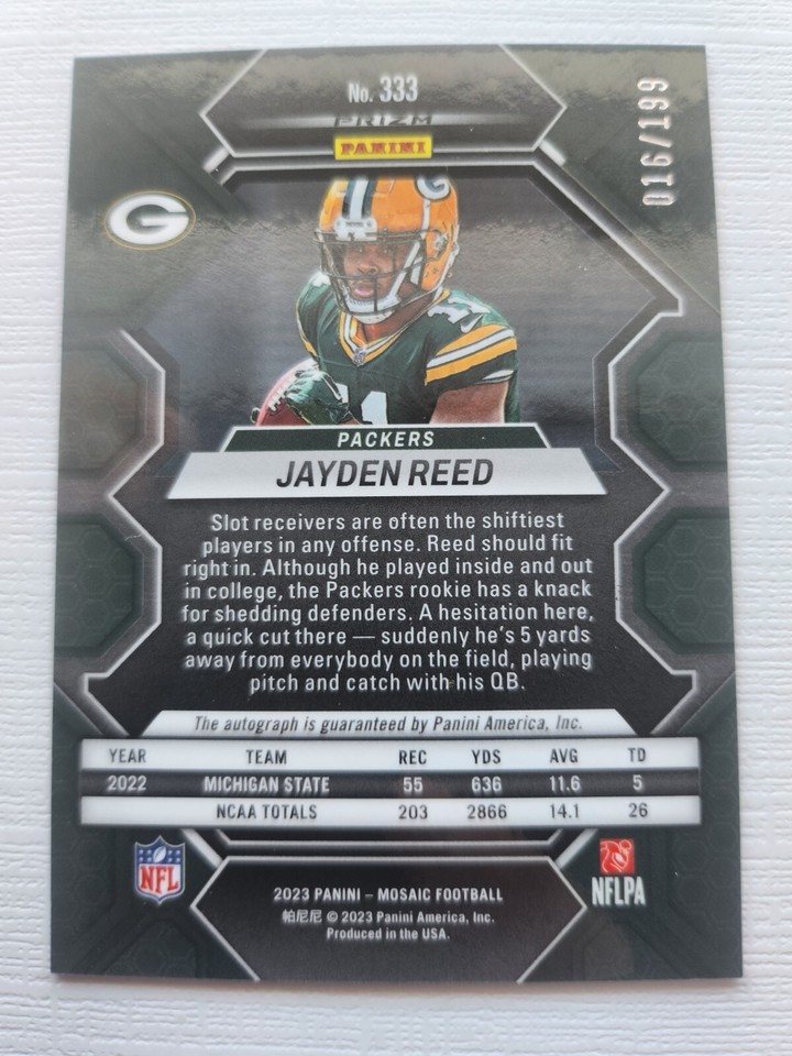 Jayden Reed 2023 MOSAIC RED PRIZM ROOKIE Auto /199 GREEN BAY PACKERS ...
