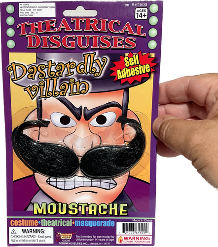 MOUSTACHE DASTARDLY VILLAIN Coward Costume Black Fake Mustache Bad Mean ...