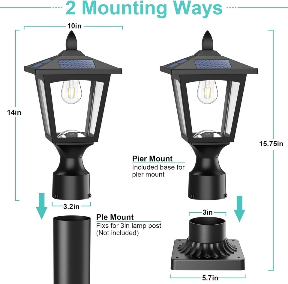 Solar Post Lights, 6000K Dusk to Dawn Solar Lamp Post Light with Pier ...