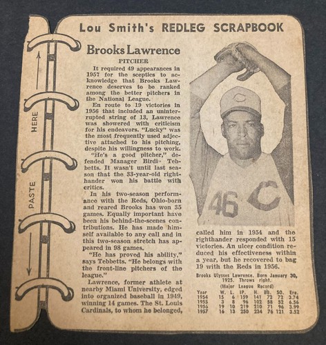 BROOKS LAWRENCE 1958 Cincinnati Redlegs Lou Smiths Scrapbook Photo Card ...