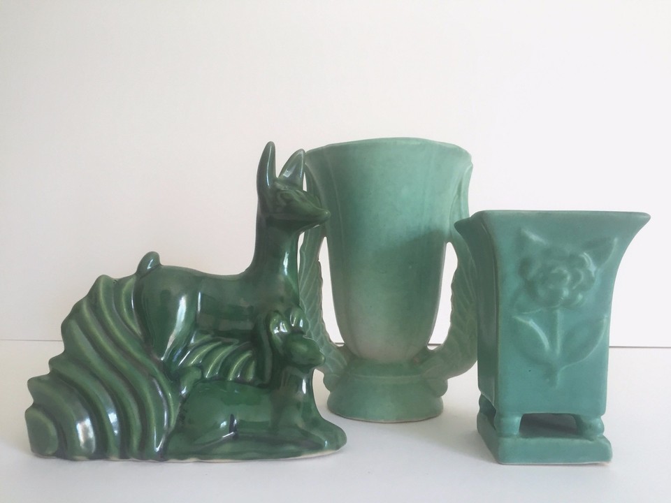 VINTAGE ART DECO 1930'S NILOAK RARE GREEN MULTI TONE ART POTTERY ...
