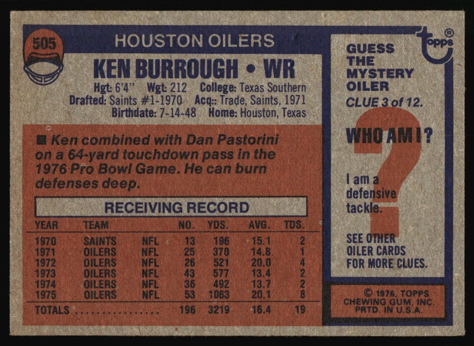 1976 Topps Ken Burrough #505 Houston Oilers | eBay