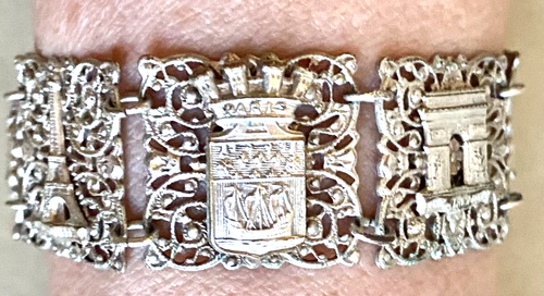 PARIS FRANCE SOUVENIR 7.5" Bracelet 8 Silveplated FILIGREE Panels 1950s ...