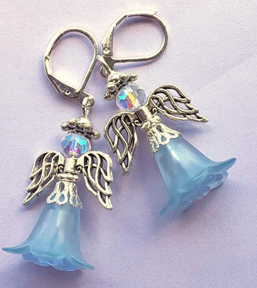 light BLUE Acrylic FLOWER ANGEL Faceted AB CRYSTAL earring SP LEVER ...