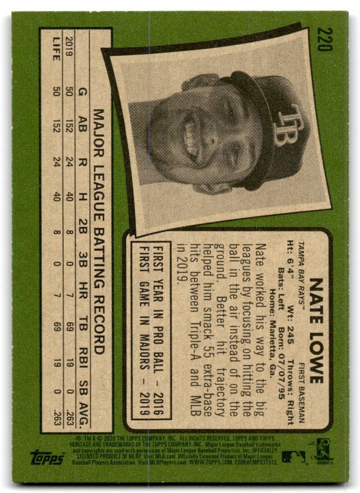 2020 Topps Heritage Nate Lowe Baseball Cards #220 | eBay