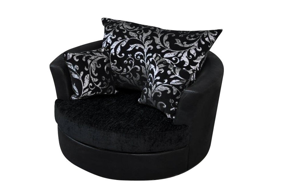 Large Swivel Round Cuddle Chair Chenille Fabric Grey Black Snuggle Love ...