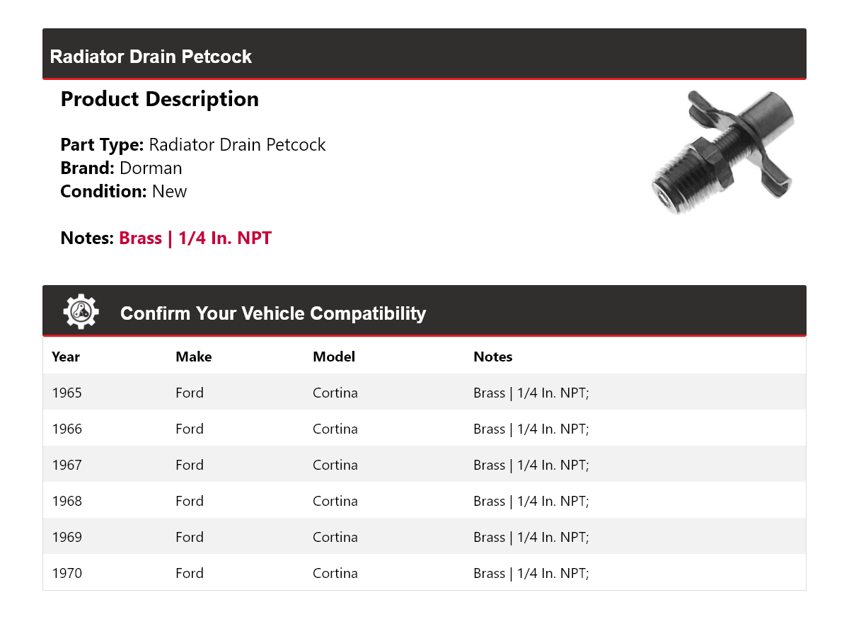 For 1965-1970 Ford Cortina Dorman Radiator Drain Petcock 1966 1967 1968 ...