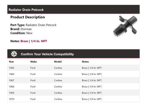 For 1965-1970 Ford Cortina Dorman Radiator Drain Petcock 1966 1967 1968 ...