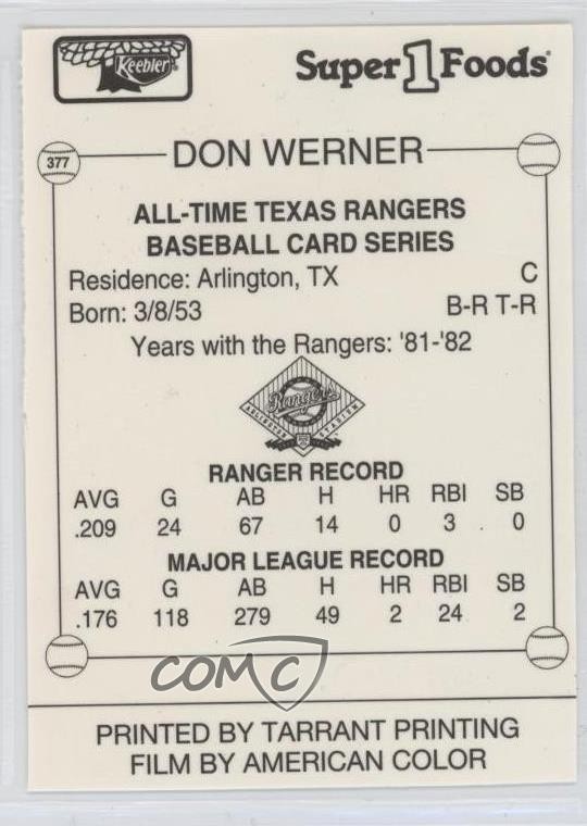 1993 Keebler Texas Rangers Don Werner #377 5sb | eBay