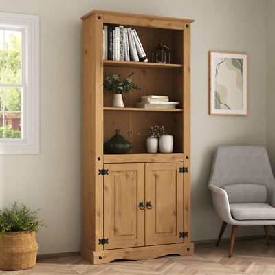 Corona Pine Bookcase 2 Door Display Unit Cupboard Mexican Solid Pine, Wax | eBay UK