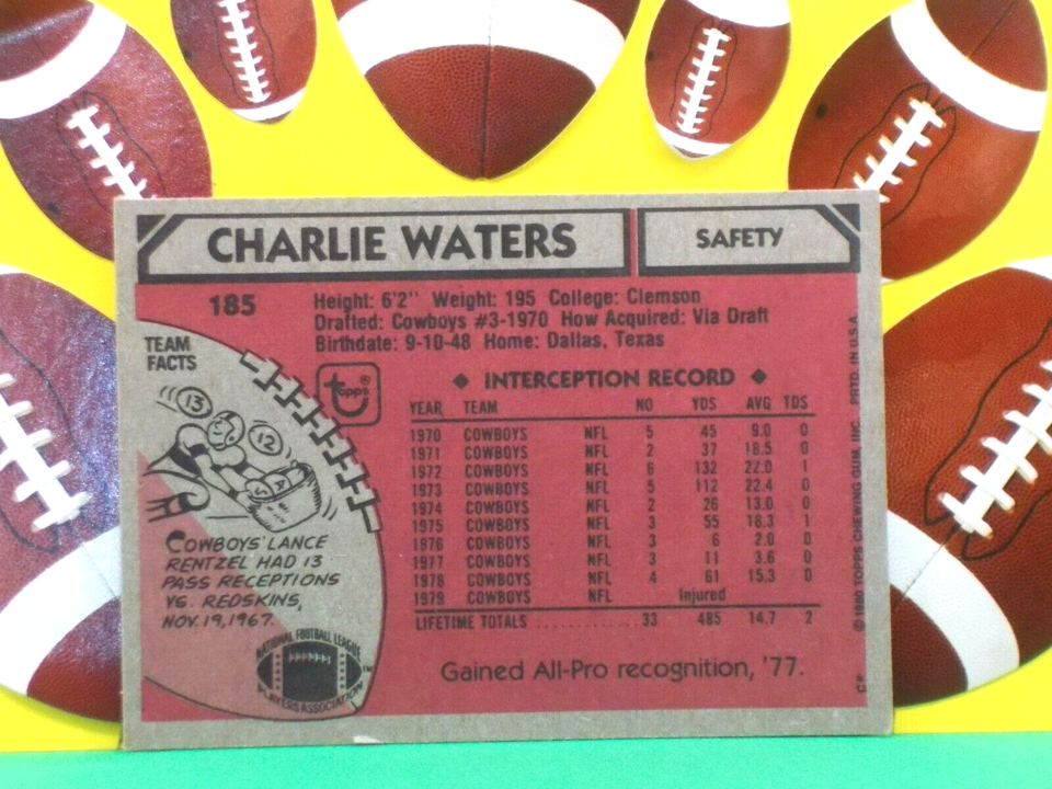 1980 TOPPS Football Card # 185 *** CHARLIE WATERS *** Dallas Cowboys | eBay