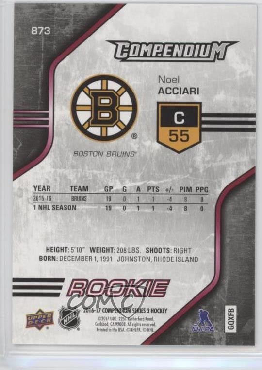 2016-17 Upper Deck Compendium Rookies Red Noel Acciari #873 Rookie RC ...