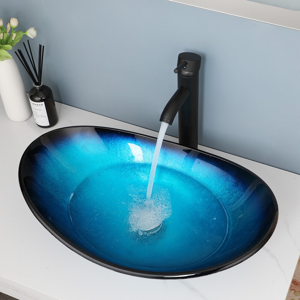 US Oval Bathroom Vessel Sink Set Blue Tempered Glass Vanity Basin Bowl ...
