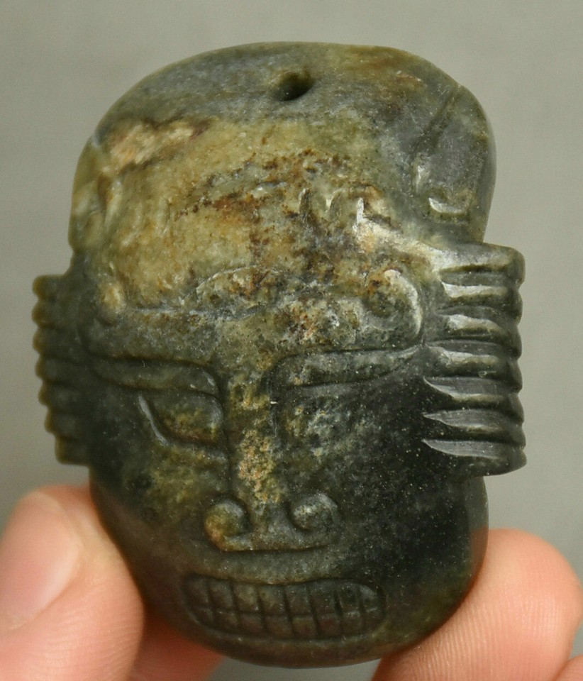 4.8CM Old China Hetian Jade Carving Evil Beast Face Mask Amulet Pendant ...