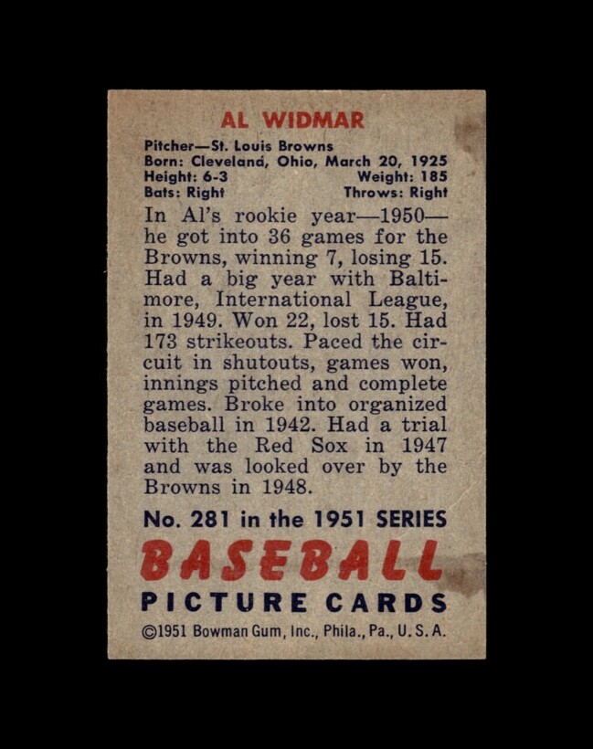 1951 Bowman Set-Break #281 Al Widmar RC EX-EXMINT *GMCARDS* | eBay