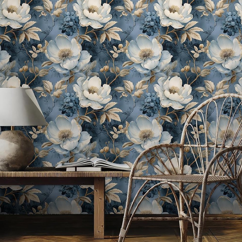 REDAMANCY White Blue Golden Yellow Vintage Floral Peel and Stick ...