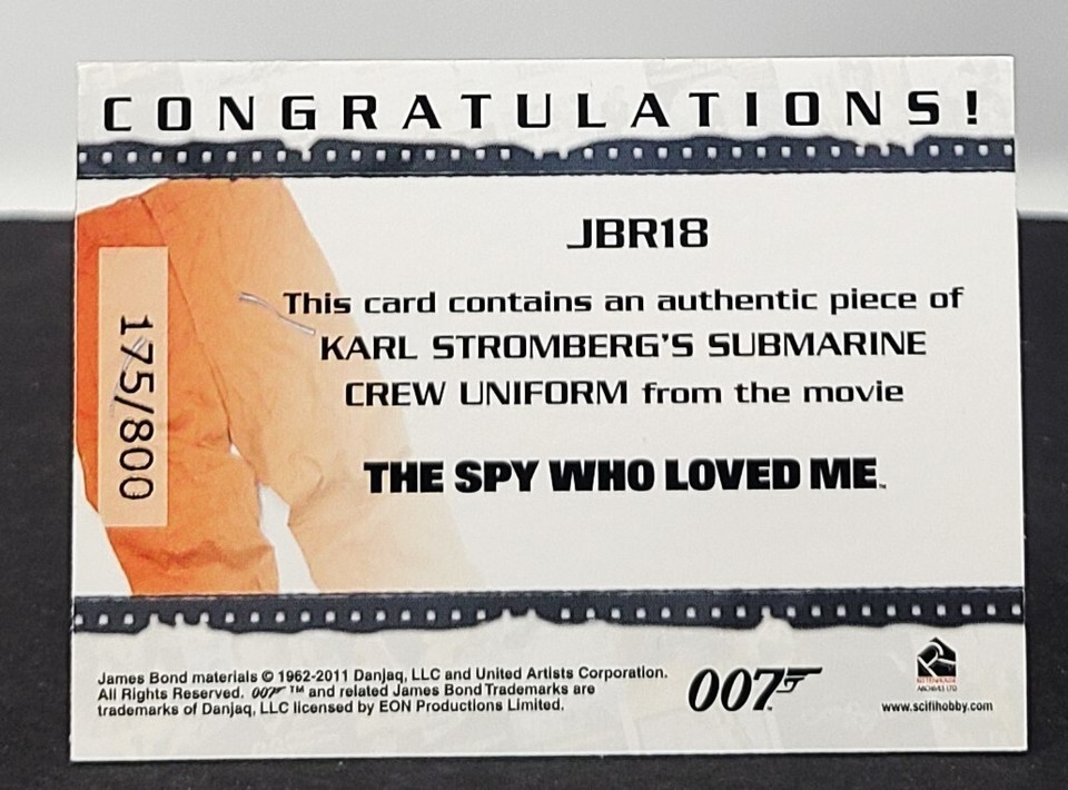 2011 James Bond Mission Log Costume Relic Card #JBR18 SUBMARINE CREW ...