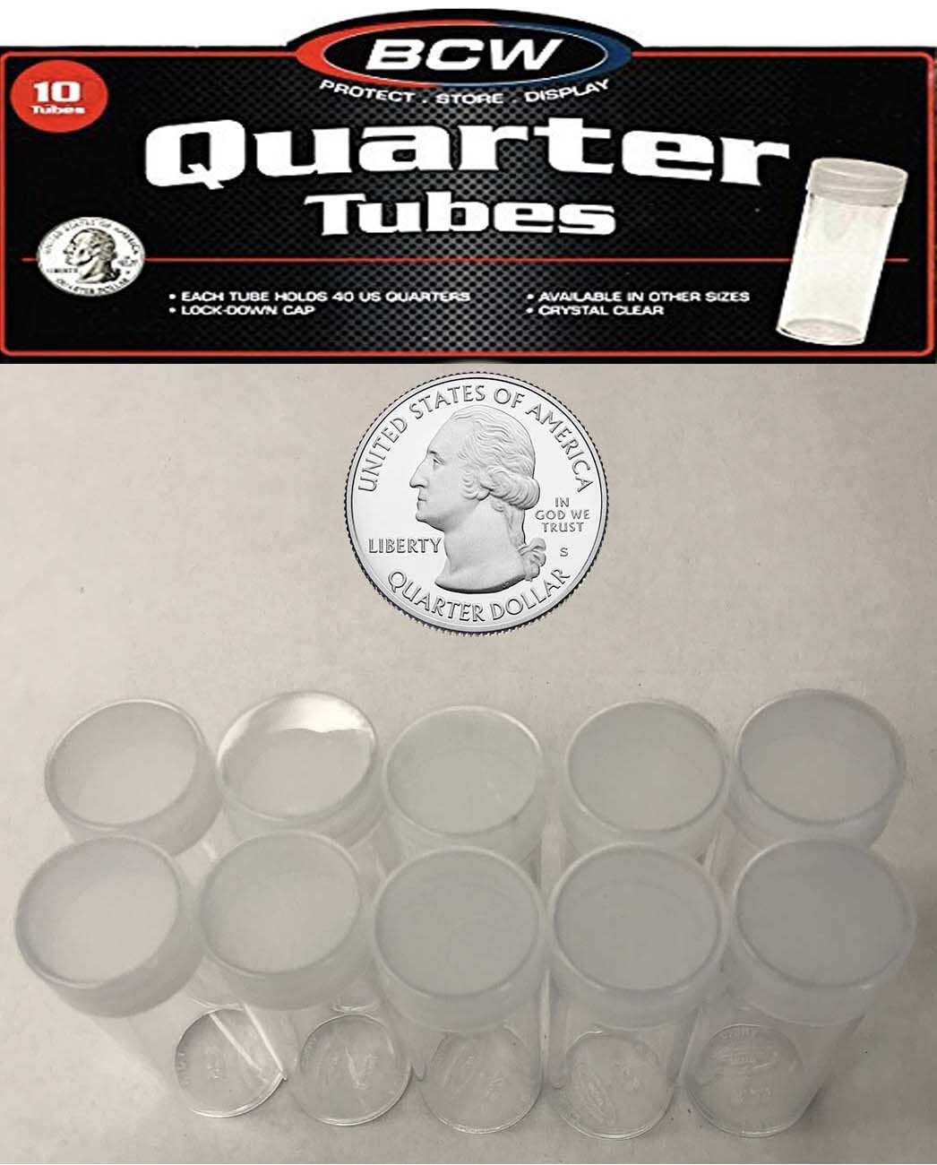 10 Round Quarter Coin Storage Tubes Clear Plastic Lot w Screw Caps BCW ...