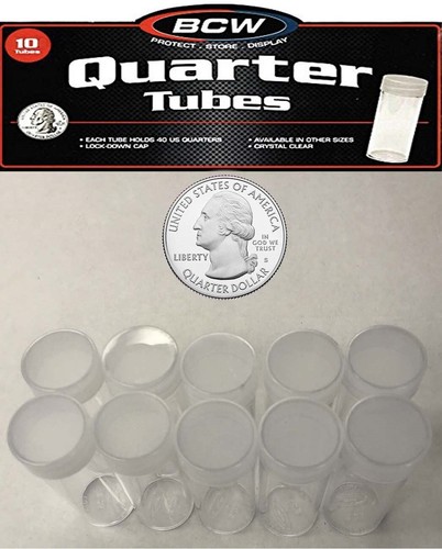 10 Round Quarter Coin Storage Tubes Clear Plastic Lot w Screw Caps BCW ...