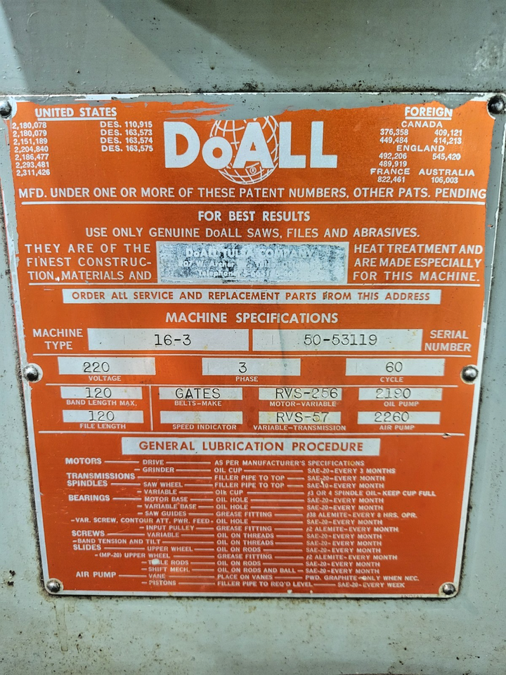 DOALL VERTICAL METAL CUTTING BANDSAW MODEL 16-3 W/BANDSAW WELDER 50 ...