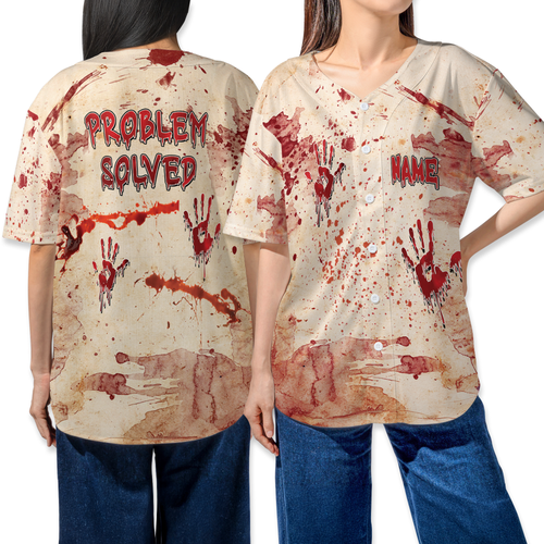Personalized Blood Splatter Problem Solved Halloween Baseball Jersey ...